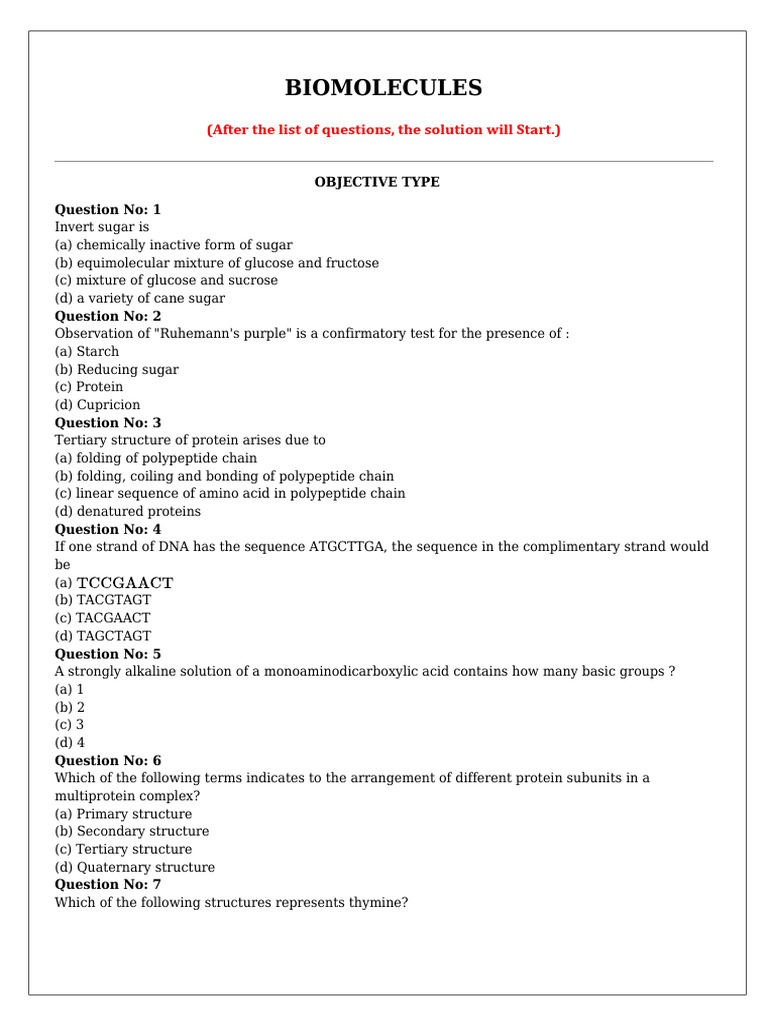 Biomolecules and Protein Structure Quiz | PDF | Nucleotides | Adenosine ...