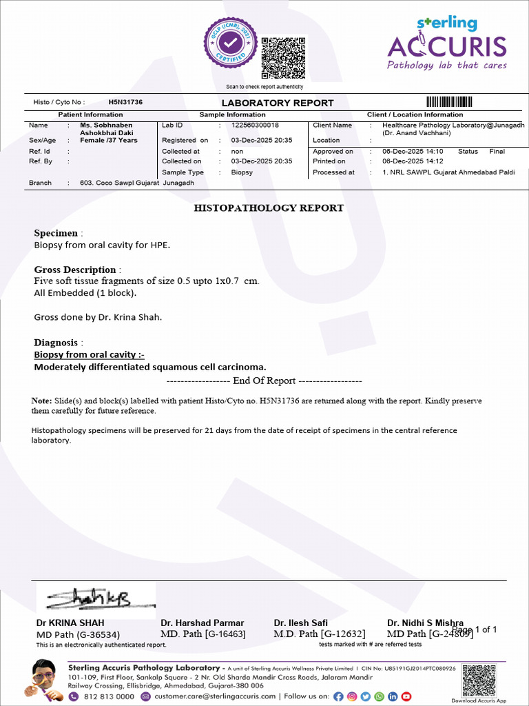Histopathology Report Specimen: Biopsy From Oral Cavity For HPE | PDF ...