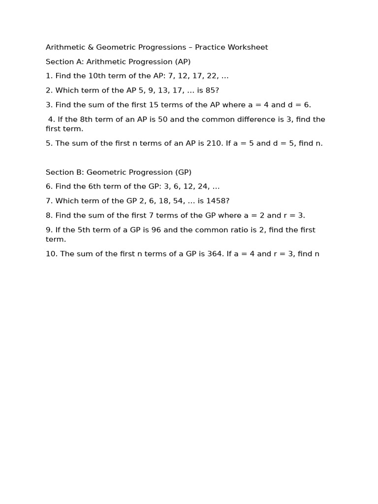 Arithmetic & Geometric Progression Worksheet | PDF