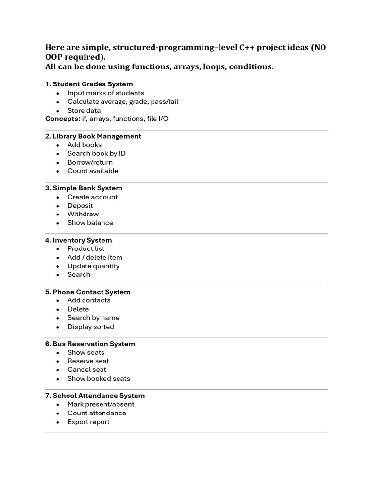 Structured-programming-Level C++ Project Ideas | PDF