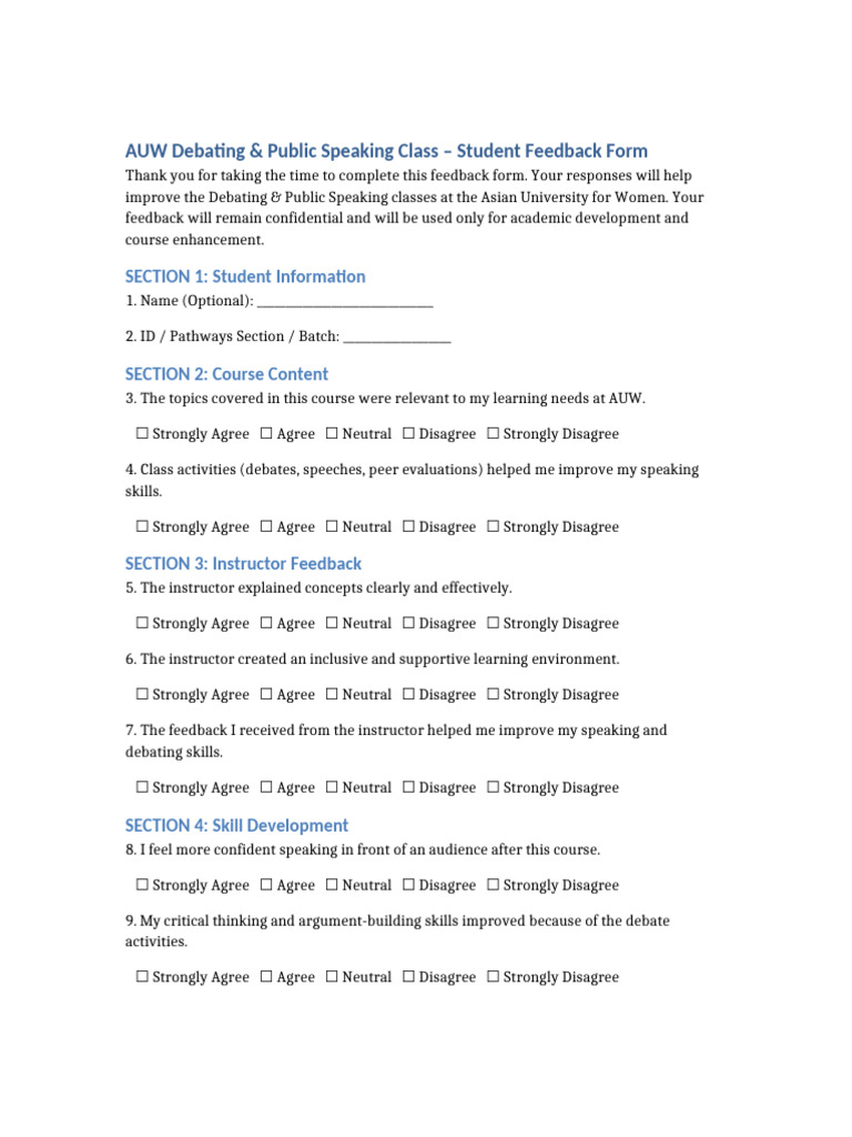 AUW Debating Public Speaking Feedback Form | PDF | Public Speaking ...