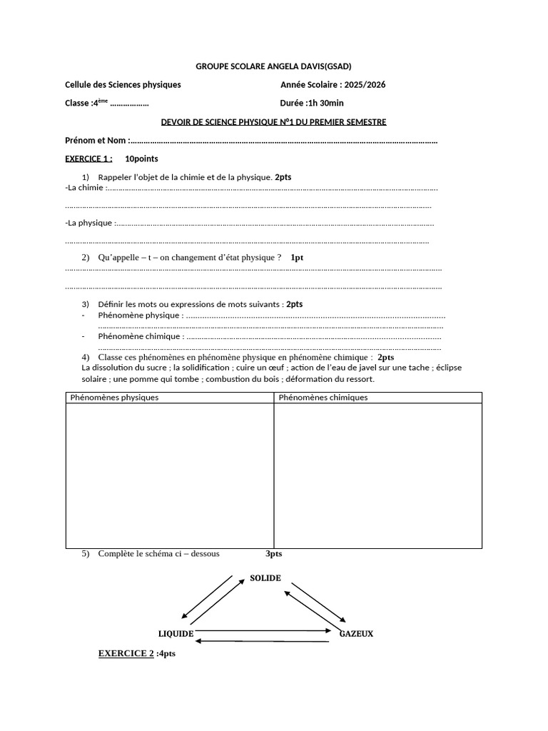 Devoir de Sciences Physiques 4ème GSAD | PDF | Chimie | Sciences physiques