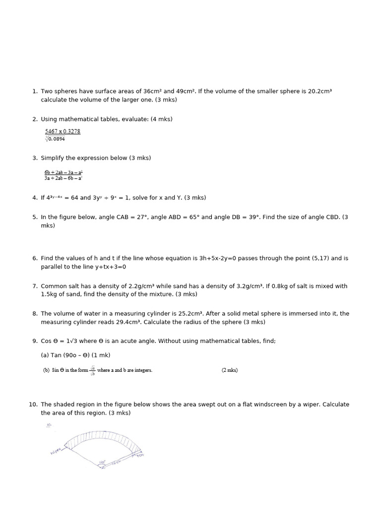 Mathematics - Form 2 End Term 3 Exams 2025 Set 1-5803 | PDF | Sphere ...