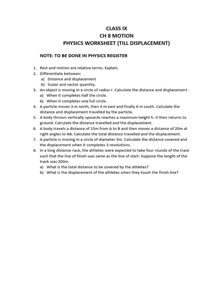 Class IX Physics Worksheet on Motion | PDF