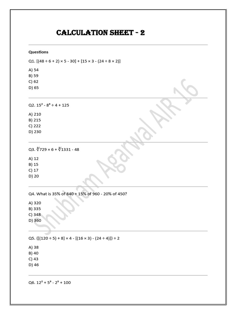 Calculation Sheet 2 | PDF