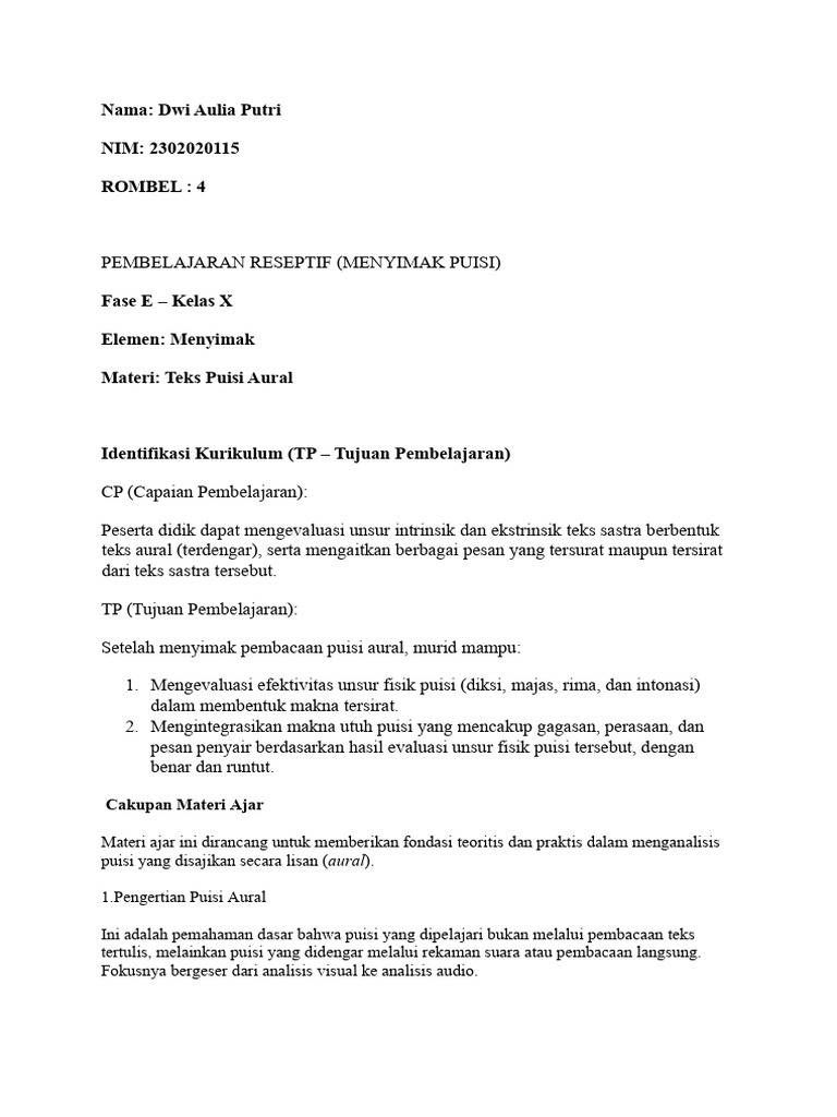 Dwi Aulia Putri - 2302020115 - UAS Pembelajaran Reseptif | PDF