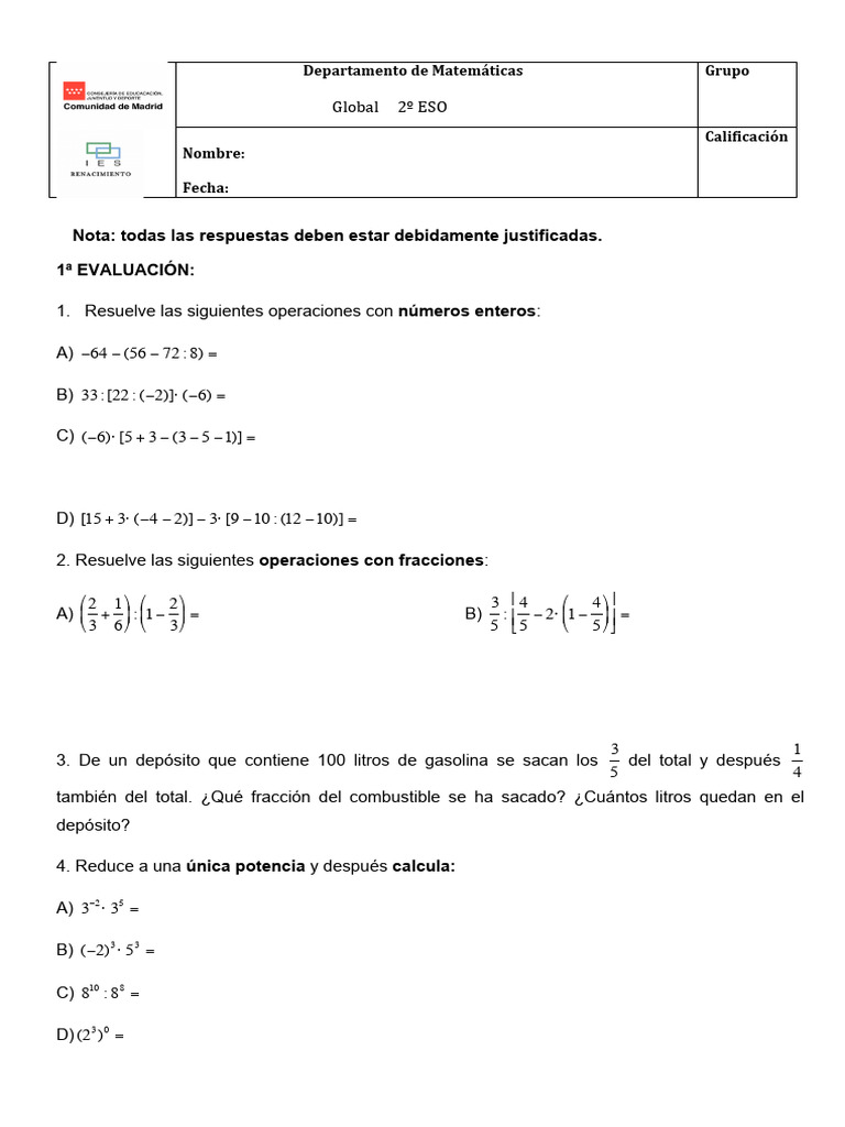 Ejercicios de Matemáticas 2º ESO | PDF | Análisis matemático | Álgebra ...