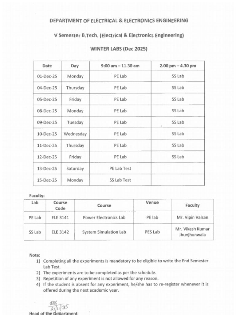 V Sem- Winter Lab Schedule | PDF
