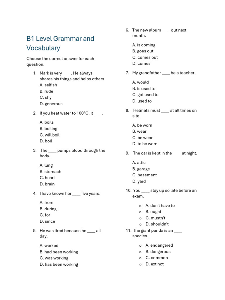B1 Grammar and Vocabulary Exercises | PDF