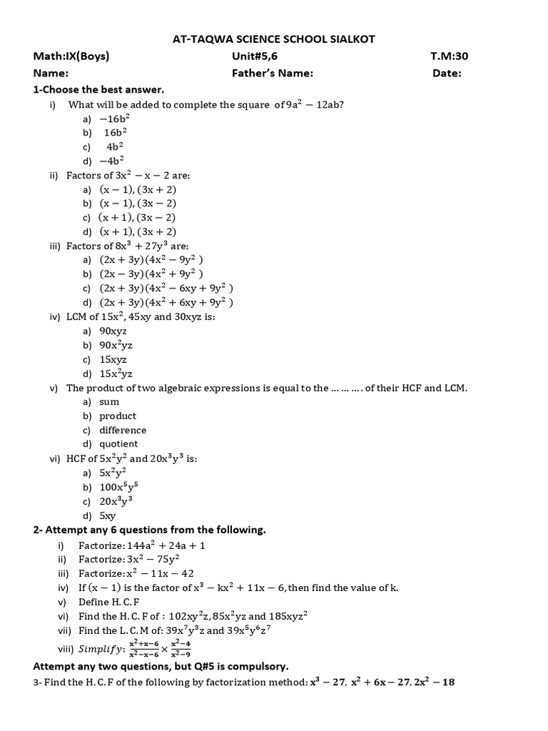 Math IX Unit 5 & 6 Assessment Sialkot | PDF