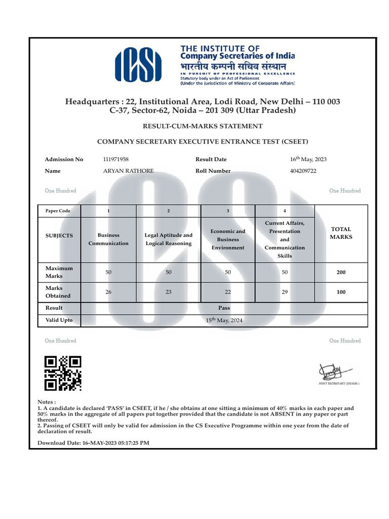 CSEET Result for Aryan Rathore | PDF