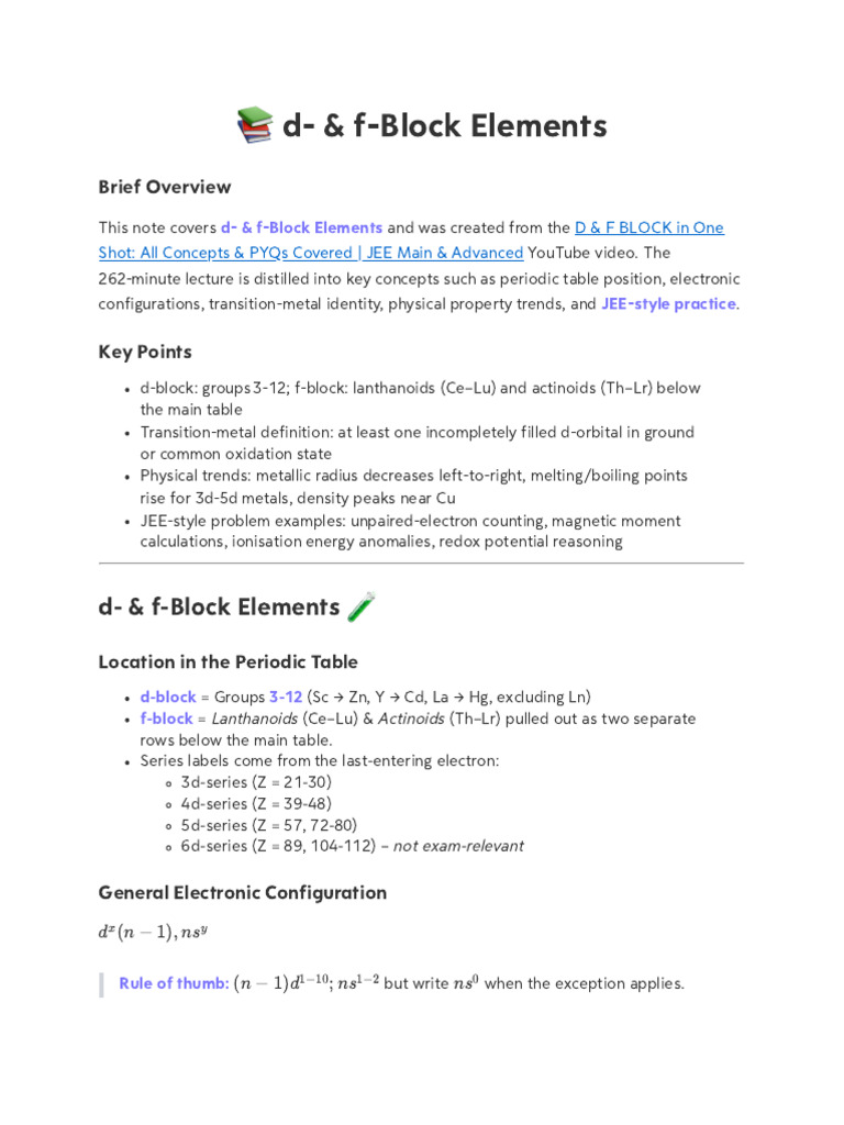 d- & f-Block Elements Overview | PDF | Lanthanide | Transition Metals