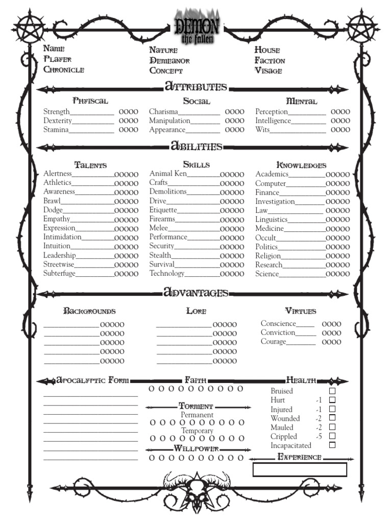 WOD - Demon - The Fallen - Character Sheet | PDF