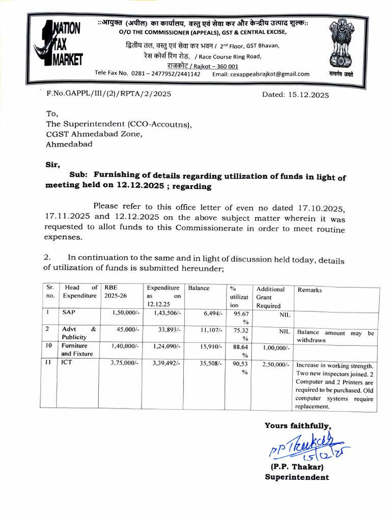 Fund Utilization Report for CGST Ahmedabad | PDF