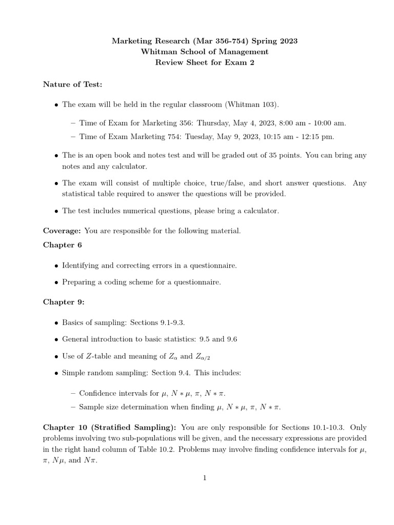 Marketing Research Exam 2 Review Guide | PDF | Sampling (Statistics ...