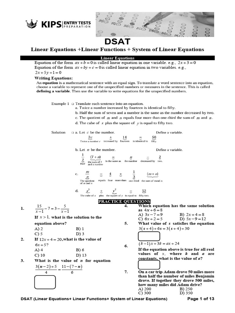 Linear Equation, Linear Functions & System of Linear Equation STUDENT ...