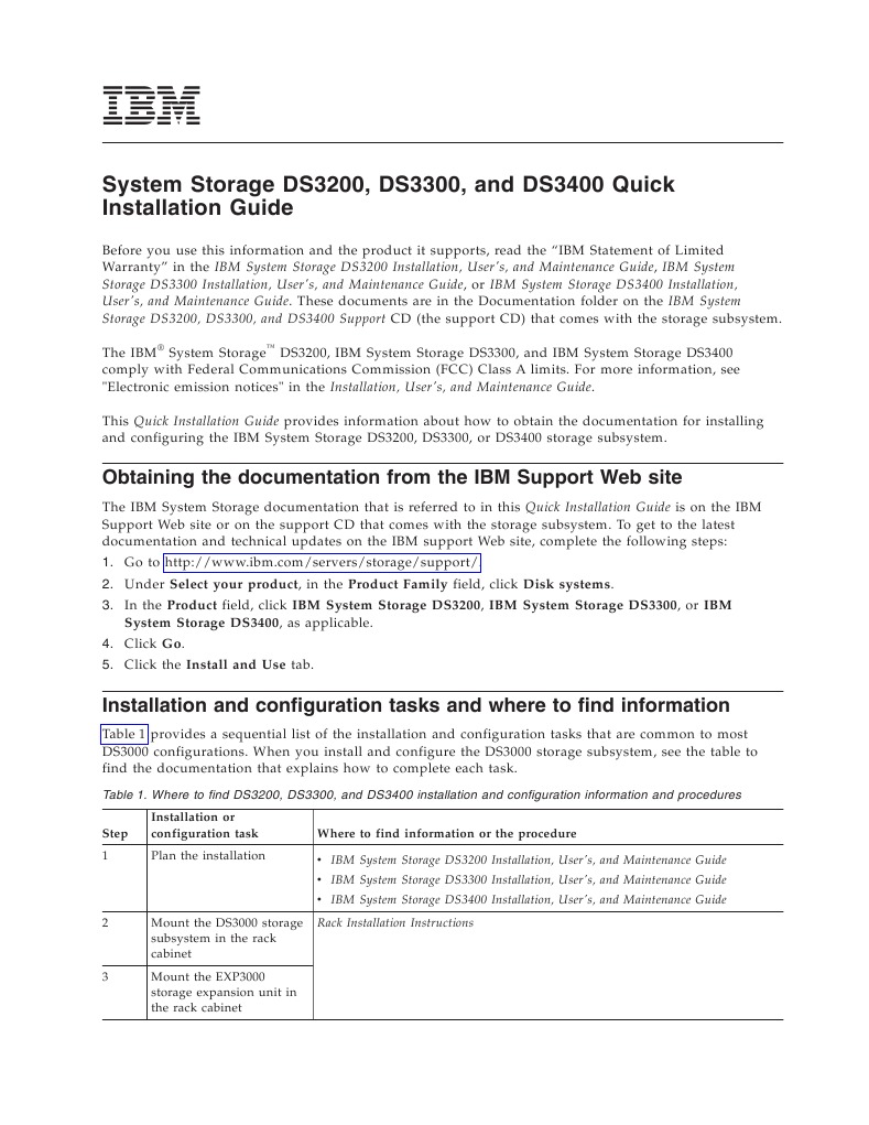 Quick Installation Guide - IBM System Storage DS3200, DS3300, and ...