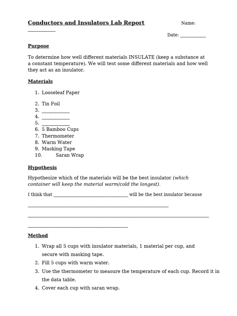 Conductors and Insulators Lab | PDF | Temperature | Thermal Insulation