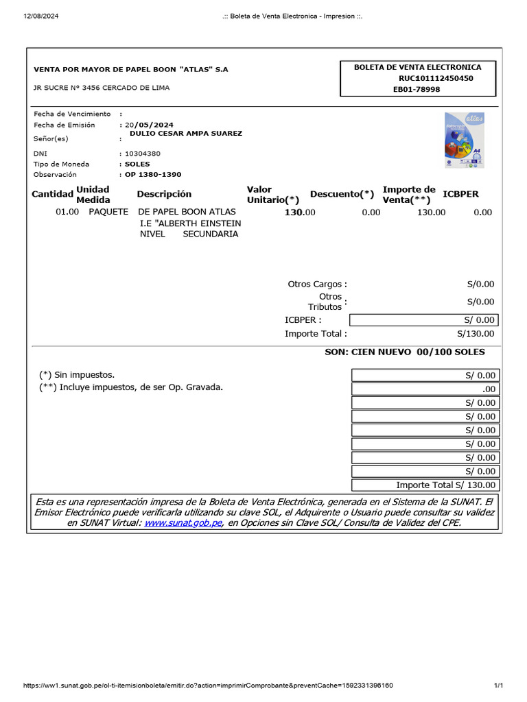 04 Boleta Papel Boon Fecha 20-05-2024 | PDF
