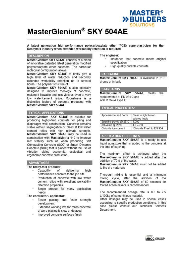 MasterGlenium SKY 504AE Superplasticizer | PDF | Concrete | Cement