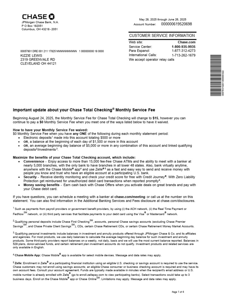 Chase Total Checking Fee Update | PDF | Service Industries | Money