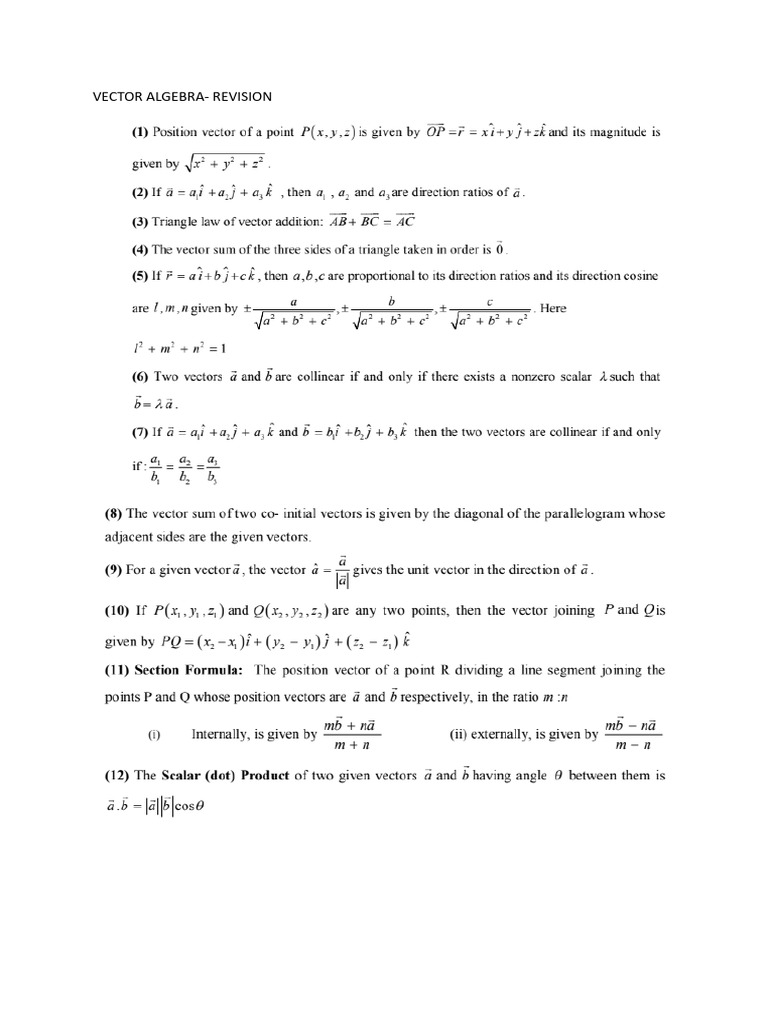 Vector Algebra Revision Notes | PDF