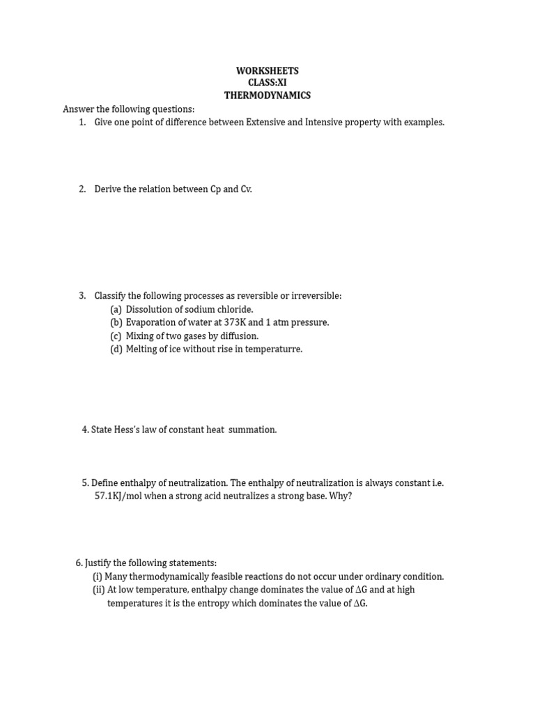 Thermodynamics Worksheets for Class XI | PDF | Entropy | Gibbs Free Energy