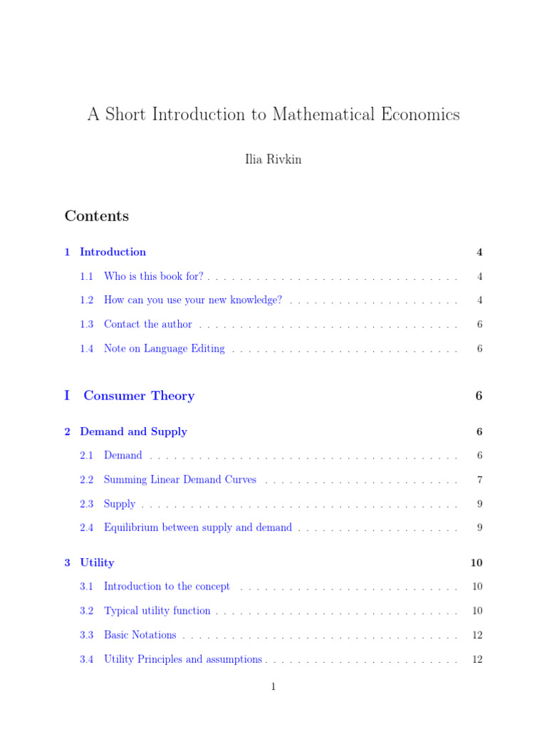 A Short Introduction to Mathematical Economics | PDF | Utility | Demand