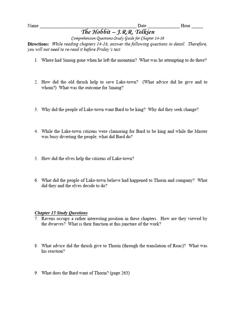 Hobbit Study Guide: Chapters 14-19 Questions | PDF | The Hobbit | Bilbo ...
