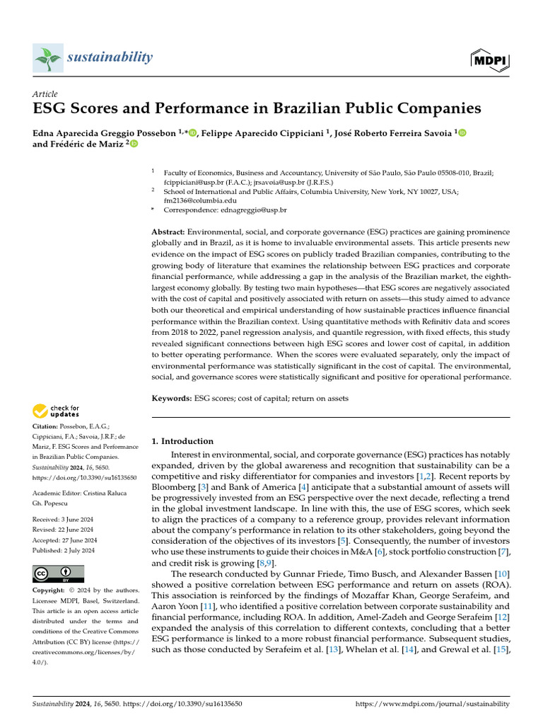 ESG Impact on Brazilian Companies' Performance | PDF | Cost Of Capital | Sustainability
