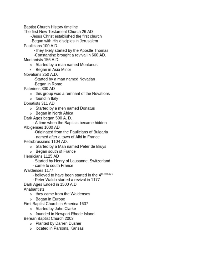 Baptist Church History Timeline | PDF