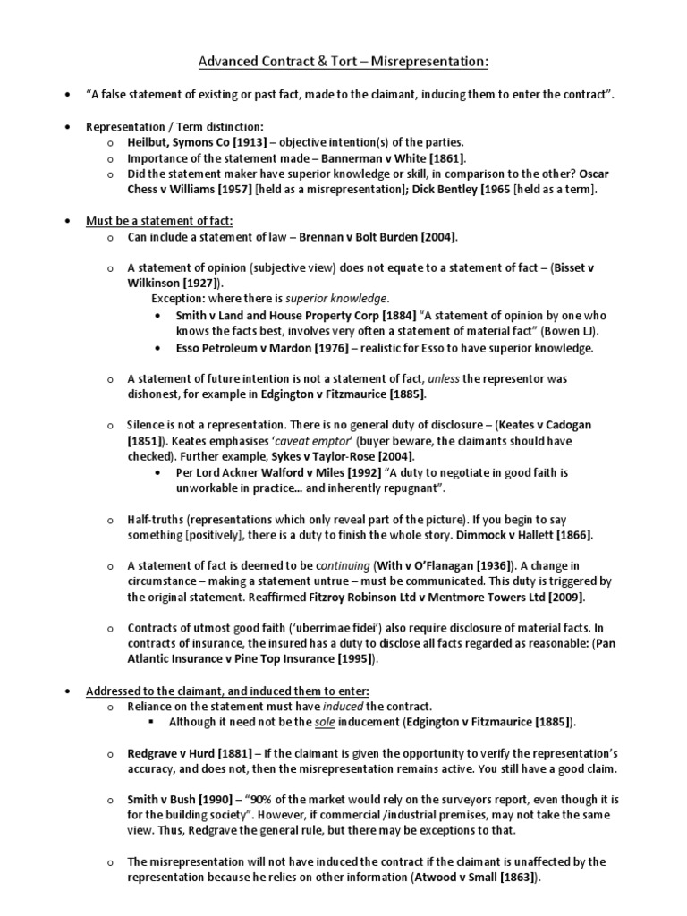 ACT Misrepresentation Revision 26-5 | PDF | Misrepresentation In English Law | Misrepresentation