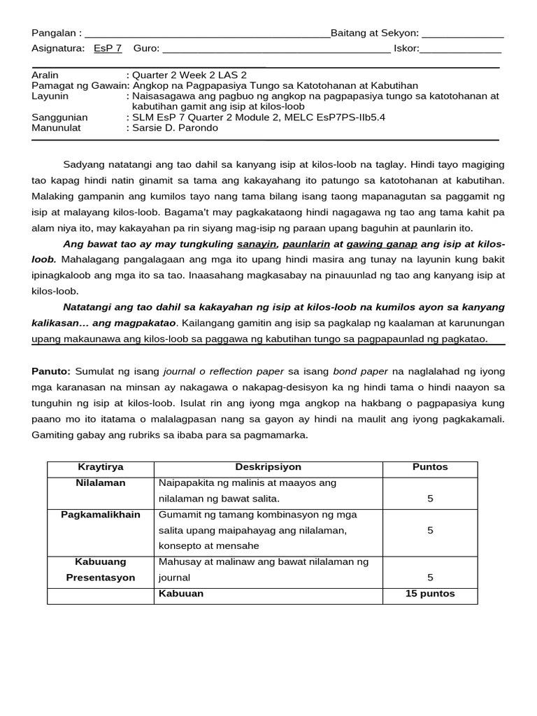 Esp 7 q2 Week 2 Las 2 | PDF