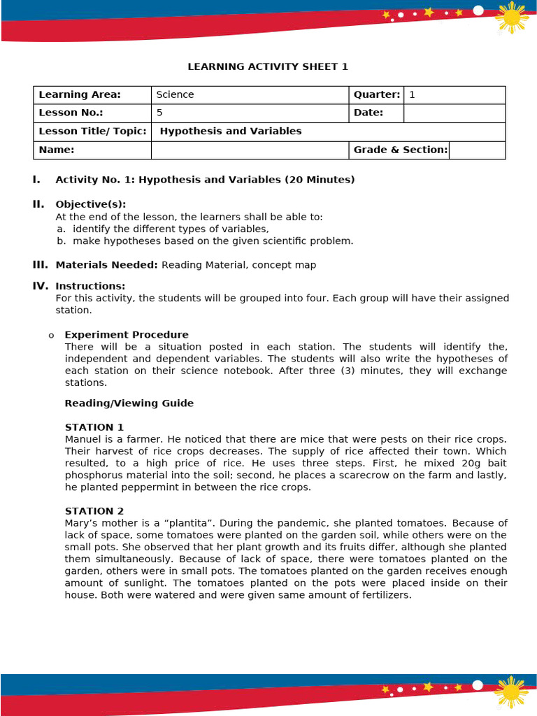 Hypothesis and Variables Activity Sheet | PDF | Experiment | Hypothesis