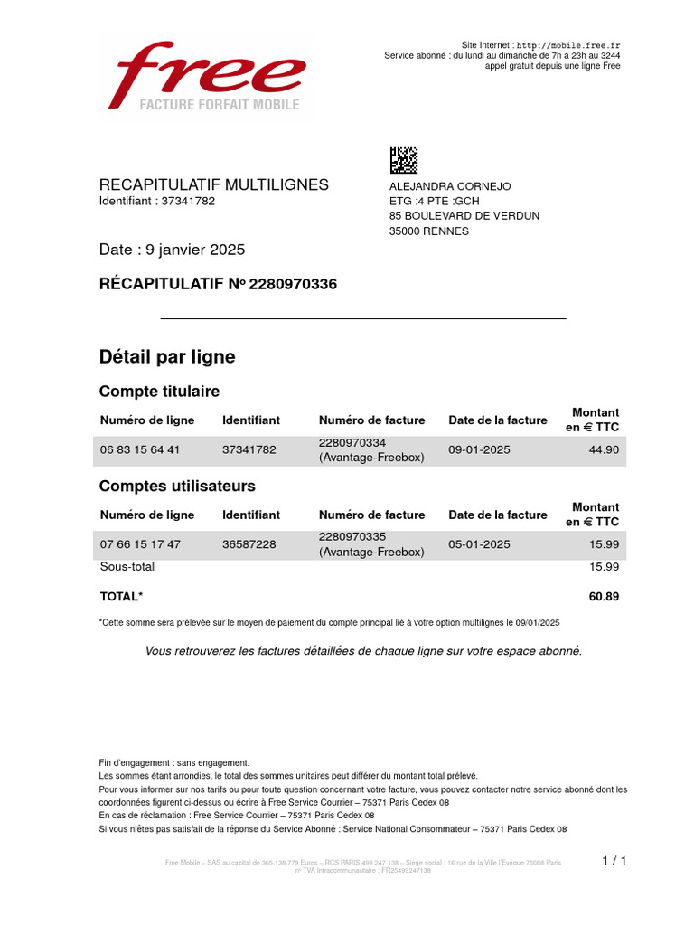 Récapitulatif de Facture Free Mobile | PDF | Paiements | Secteurs du ...