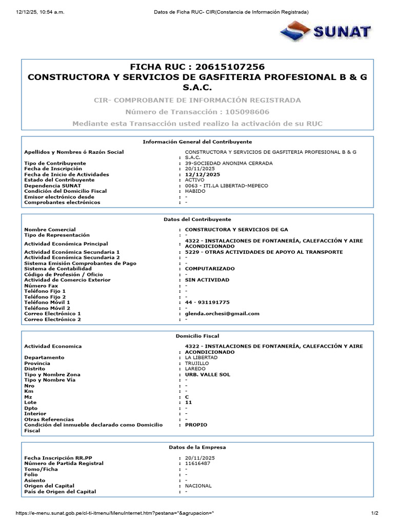 RUC 20615107256: Constructora B & G S.A.C. | PDF | Industrias de servicio