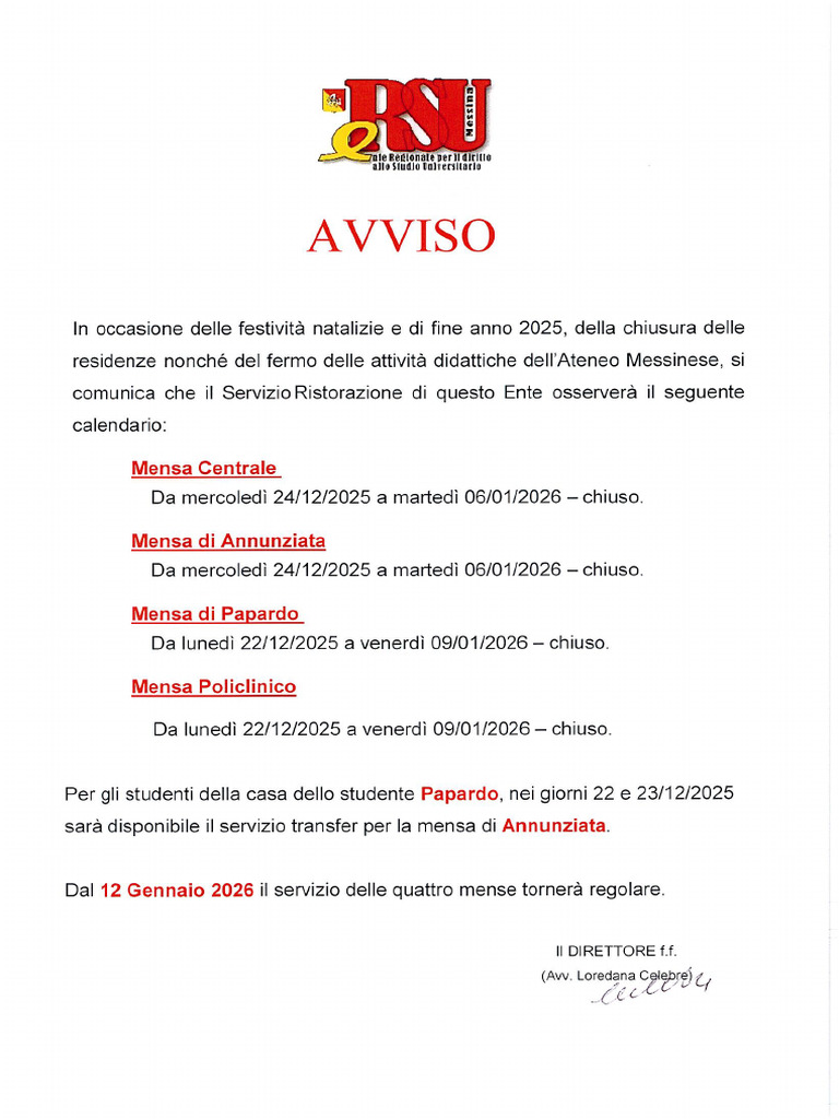 Avviso Chiusura Mense Natale 2025 | PDF