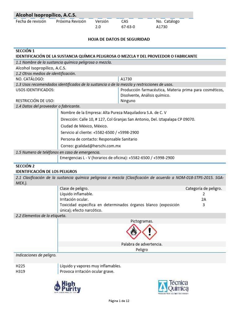 Hs Alcohol Isopropilico A C S 721 | PDF | Agua | Administración de ...