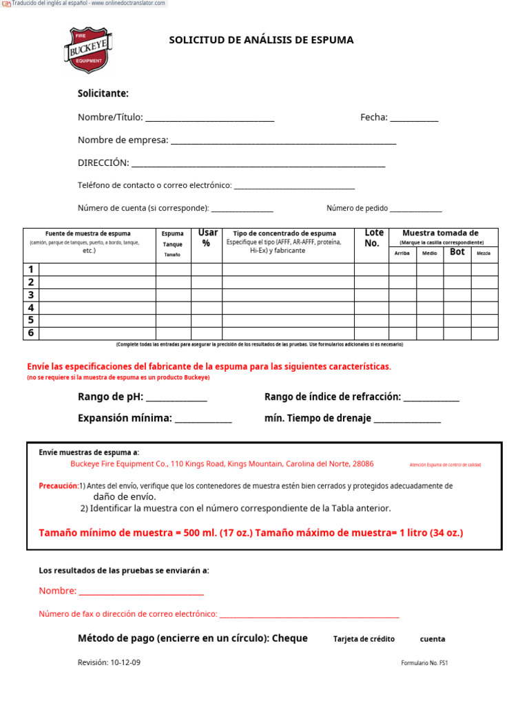 Foam Analysis Request Form - En.es | PDF