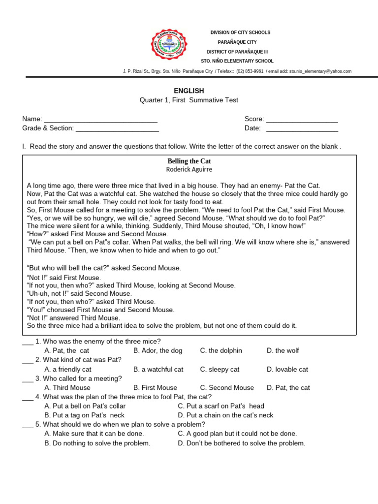 English Summative Test for Grade 1 | PDF