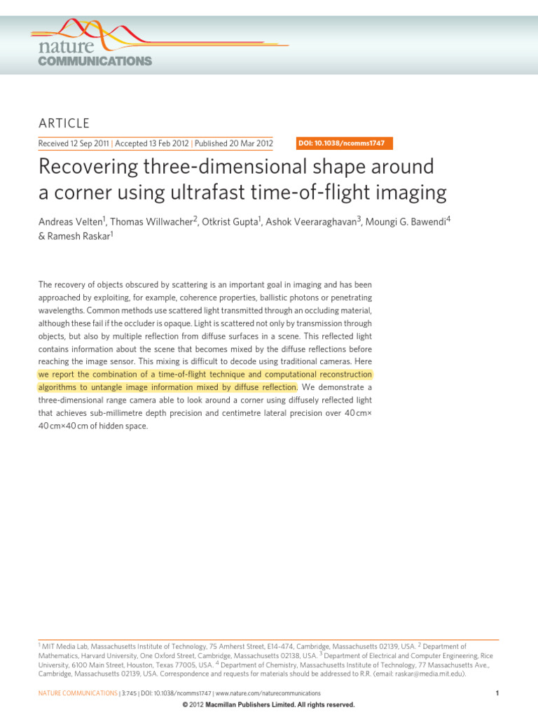 Recovering Three-Dimensional Shape Around A Corner Using Ultrafast Time ...