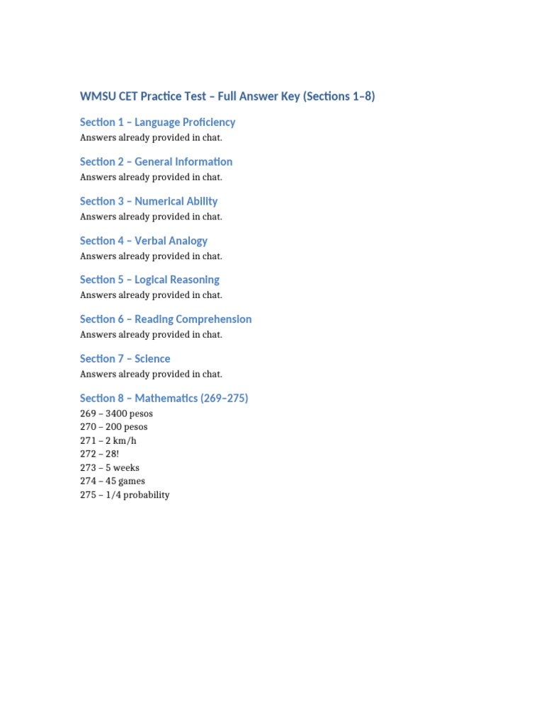 WMSU CET Sections 1 To 8 | PDF