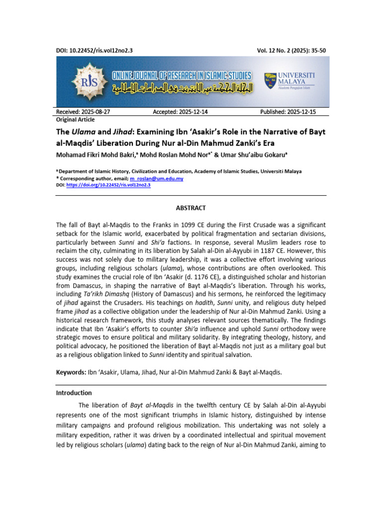 The Ulama and Jihad Examining Ibn Asakir's Role in The Narrative of ...