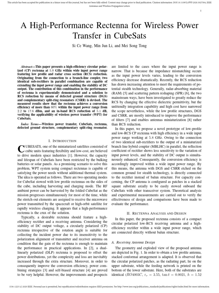 High-Efficiency Rectenna for CubeSats | PDF | Antenna (Radio) | Rectifier