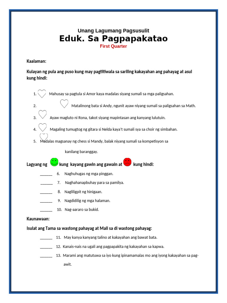 Unang Lagumang Pagsusulit Sa Espagpapakatao | PDF
