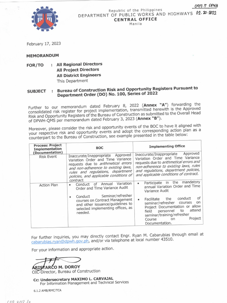 Memo 097.7 - 021723 - BOC Risk and Opp REgisters DO 100 s2022 (Risk and ...