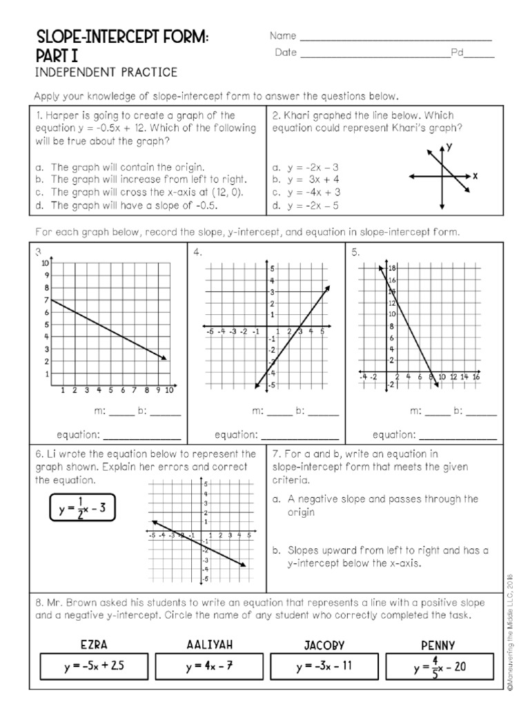 Slope-Intercept Form Part I - Independent Practice | PDF
