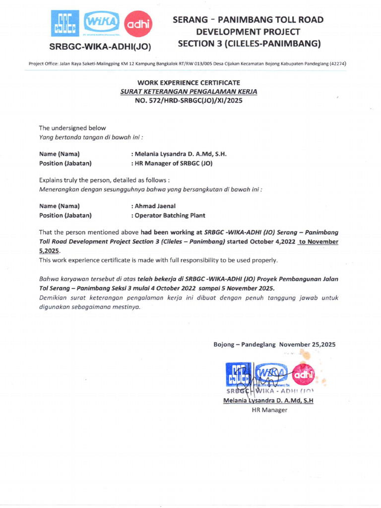 572. Work Experience Certificate - Ahmad Jaenal | PDF