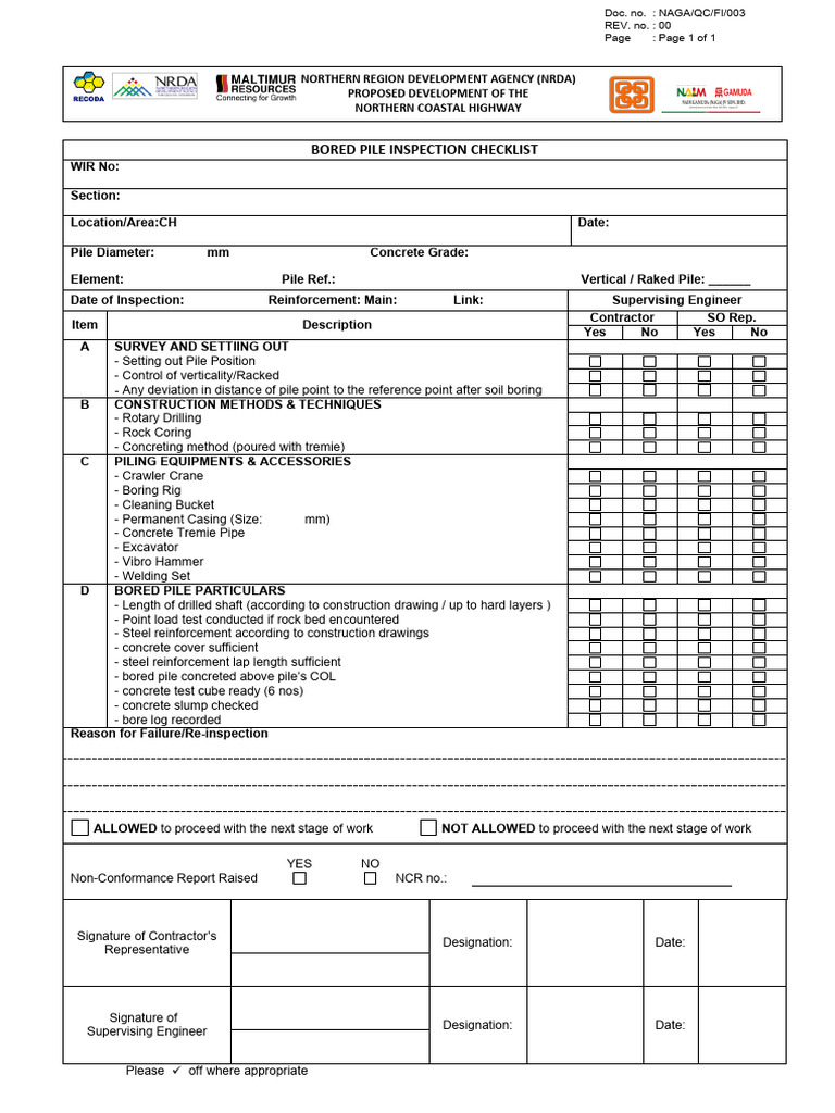 Appendix 4 - Checklist For Bored Pile | PDF | Mechanical Engineering ...