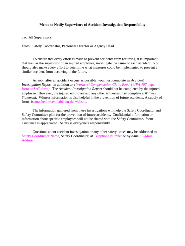 Accident Investigation Supervisor Memo | PDF